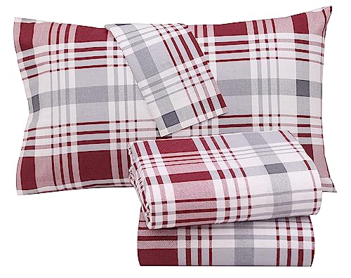 RUVANTI Flannel Sheets Full Size - 100% Cotton Brushed Bed Sheet Sets - Deep Pockets 16 Inches (fits up to 18") - All Seasons Breathable & Super Soft - Warm & Cozy - 4 Pcs - Balance Plaid Maroon