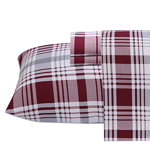 RUVANTI Flannel Sheets Full Size - 100% Cotton Brushed Bed Sheet Sets - Deep Pockets 16 Inches (fits up to 18") - All Seasons Breathable & Super Soft - Warm & Cozy - 4 Pcs - Balance Plaid Maroon