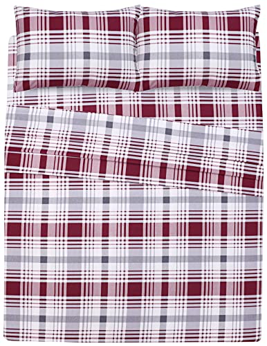 RUVANTI Flannel Sheets Full Size - 100% Cotton Brushed Bed Sheet Sets - Deep Pockets 16 Inches (fits up to 18") - All Seasons Breathable & Super Soft - Warm & Cozy - 4 Pcs - Balance Plaid Maroon