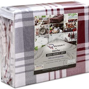 RUVANTI Flannel Sheets Full Size - 100% Cotton Brushed Bed Sheet Sets - Deep Pockets 16 Inches (fits up to 18") - All Seasons Breathable & Super Soft - Warm & Cozy - 4 Pcs - Balance Plaid Maroon