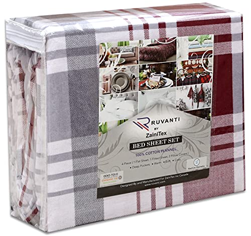 RUVANTI Flannel Sheets Full Size - 100% Cotton Brushed Bed Sheet Sets - Deep Pockets 16 Inches (fits up to 18") - All Seasons Breathable & Super Soft - Warm & Cozy - 4 Pcs - Balance Plaid Maroon