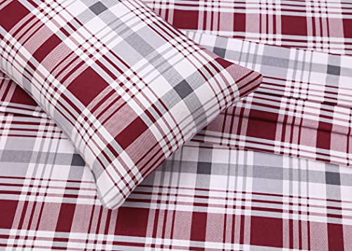 RUVANTI Flannel Sheets Full Size - 100% Cotton Brushed Bed Sheet Sets - Deep Pockets 16 Inches (fits up to 18") - All Seasons Breathable & Super Soft - Warm & Cozy - 4 Pcs - Balance Plaid Maroon