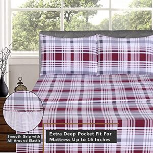 RUVANTI Flannel Sheets Full Size - 100% Cotton Brushed Bed Sheet Sets - Deep Pockets 16 Inches (fits up to 18") - All Seasons Breathable & Super Soft - Warm & Cozy - 4 Pcs - Balance Plaid Maroon