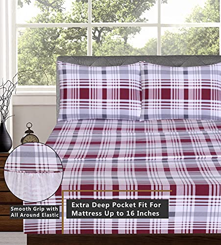 RUVANTI Flannel Sheets Full Size - 100% Cotton Brushed Bed Sheet Sets - Deep Pockets 16 Inches (fits up to 18") - All Seasons Breathable & Super Soft - Warm & Cozy - 4 Pcs - Balance Plaid Maroon