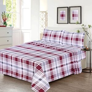 RUVANTI Flannel Sheets Full Size - 100% Cotton Brushed Bed Sheet Sets - Deep Pockets 16 Inches (fits up to 18") - All Seasons Breathable & Super Soft - Warm & Cozy - 4 Pcs - Balance Plaid Maroon