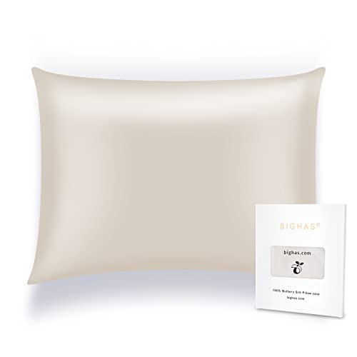 BIGHAS 100% Mulberry Silk Pillowcase for Hair and Skin with Hidden Zipper, Soft Breathable Natural Both Side 19 Momme Silk, 600 Thread Count (Beige, Standard)