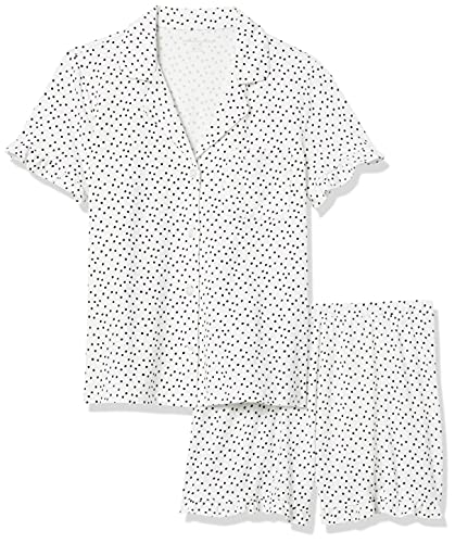 Amazon Essentials Women's Cotton Modal Piped Notch Collar Pajama Set (Available in Plus Size), White Dots Print, Small