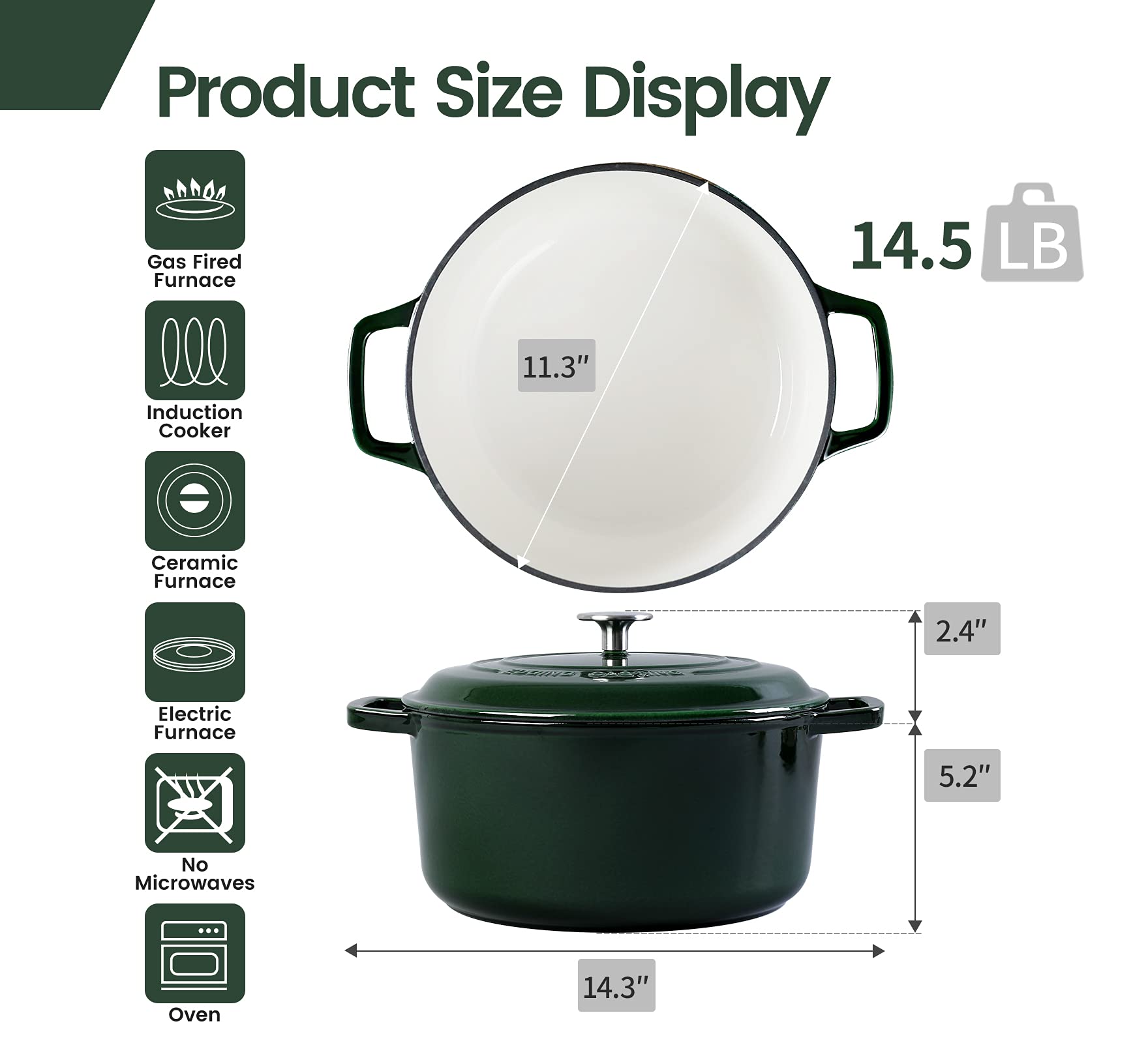 Enameled Cast Iron Dutch Oven with Lid, Enamel Dutch Oven Pot with Handles, Enamel Cast Iron Dutch Oven Cookware Casserole Braiser for Soup, Meat, Bread, Baking (7.5 quart, Green)