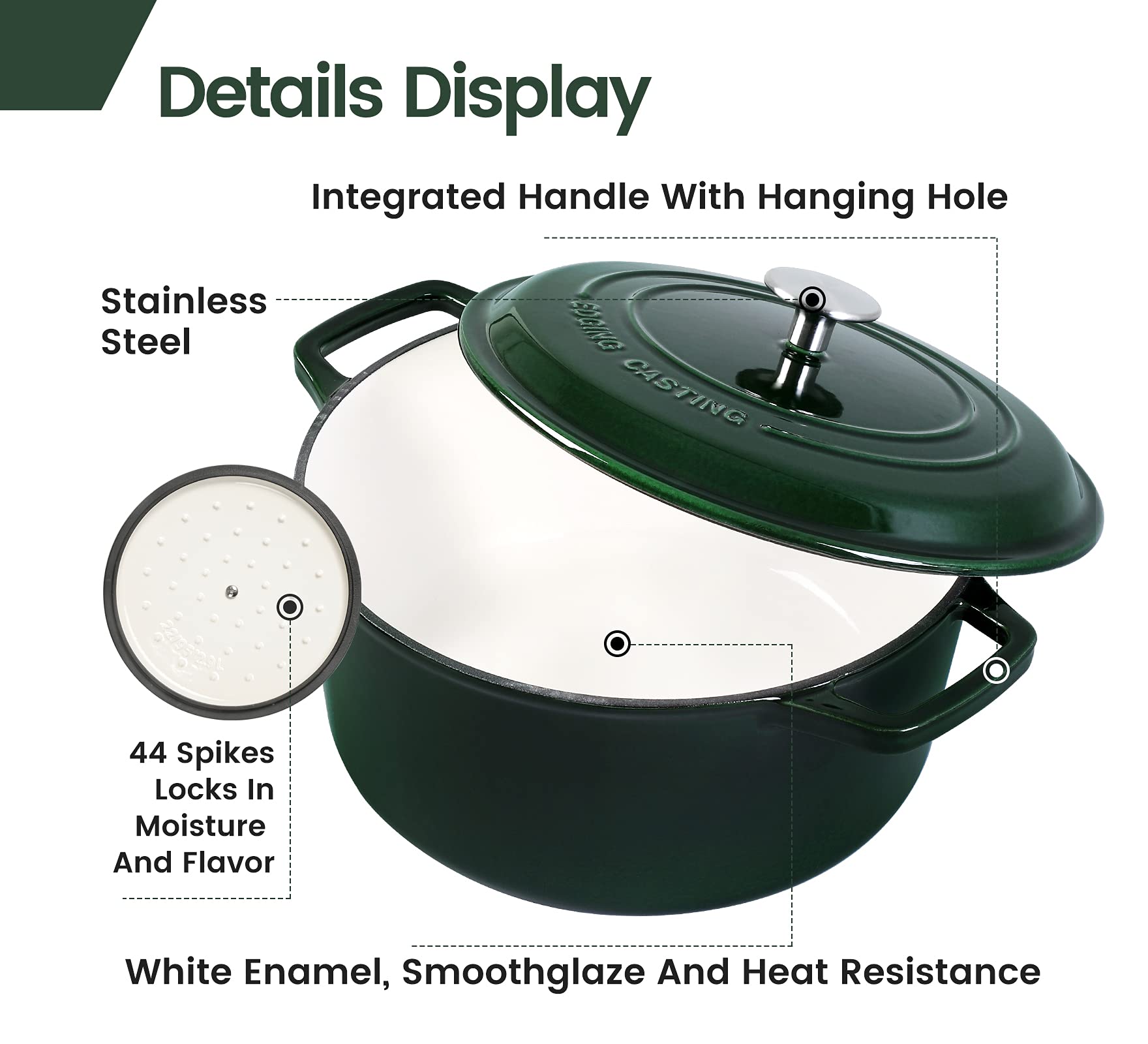 Enameled Cast Iron Dutch Oven with Lid, Enamel Dutch Oven Pot with Handles, Enamel Cast Iron Dutch Oven Cookware Casserole Braiser for Soup, Meat, Bread, Baking (7.5 quart, Green)