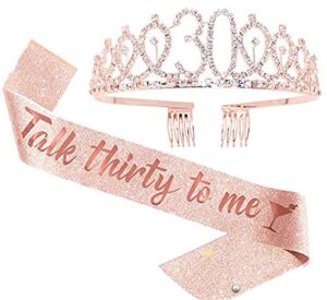 latfz talk thirty to me birthday tiara and sash- happy 30th birthday party supplies - 30th satin sash crystal tiara birthday crown (talk thirty to me)