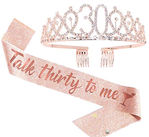 LATFZ Talk thirty to me Birthday Tiara and Sash- Happy 30th Birthday Party Supplies - 30th Satin Sash Crystal Tiara Birthday Crown (Talk Thirty to me)