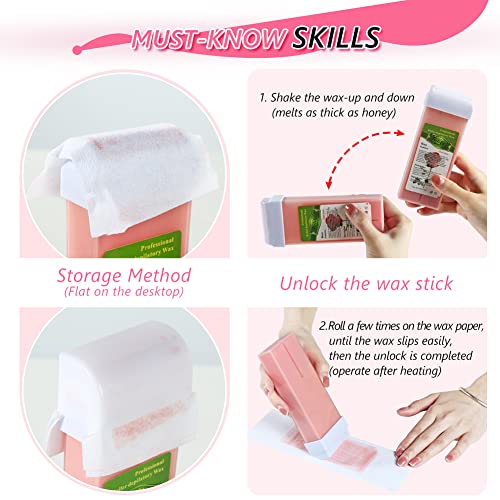 Roll on Wax Warmer Kit, Wax Roller Kit for Hair Removal, Painless Waxing for Hair, Eyebrow, Facial, Armpit, Bikini, Brazilian Include 2 Rose Wax & Pink Roll on Wax Cartridge for Home