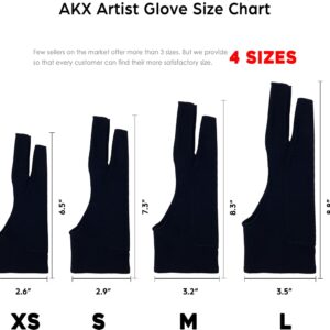 AKX Artist Glove XSmall - 2 Pack Palm Rejection Drawing Glove for Graphic Tablet, iPad - Smudge Guard, 2 Finger, Elastic Lycra, Fingerless Glove, Good for Left and Right Hand, Black | AK-020