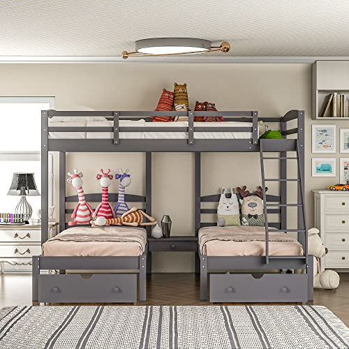 Triple Bunk Bed Full Over 2 Twin Bunk Bed with 3 Drawers and Guardrails, Bunk Bed for Family, Teens, No Box Spring Needed