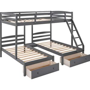 Triple Bunk Bed Full Over 2 Twin Bunk Bed with 3 Drawers and Guardrails, Bunk Bed for Family, Teens, No Box Spring Needed