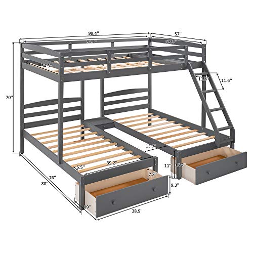 Triple Bunk Bed Full Over 2 Twin Bunk Bed with 3 Drawers and Guardrails, Bunk Bed for Family, Teens, No Box Spring Needed