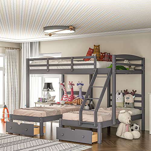 Triple Bunk Bed Full Over 2 Twin Bunk Bed with 3 Drawers and Guardrails, Bunk Bed for Family, Teens, No Box Spring Needed