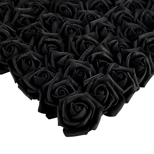 200 Pack Black Roses Artificial Flowers for Decoration, Stemless Fake Foam Rose Heads for Bridal Shower, Wedding (2 Inches)