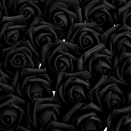 200 Pack Black Roses Artificial Flowers for Decoration, Stemless Fake Foam Rose Heads for Bridal Shower, Wedding (2 Inches)