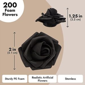 200 Pack Black Roses Artificial Flowers for Decoration, Stemless Fake Foam Rose Heads for Bridal Shower, Wedding (2 Inches)