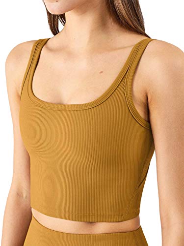 KIKIWING Seamless Sports Bra Workout Crop Tank Tops for Women Long Lined Ribbed Fitness Copper Brown M