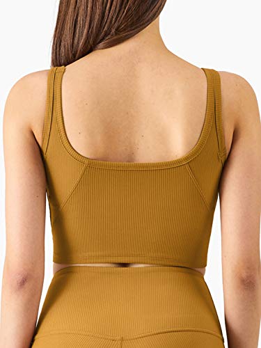 KIKIWING Seamless Sports Bra Workout Crop Tank Tops for Women Long Lined Ribbed Fitness Copper Brown M