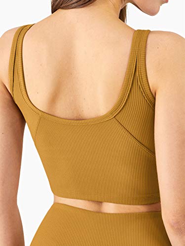 KIKIWING Seamless Sports Bra Workout Crop Tank Tops for Women Long Lined Ribbed Fitness Copper Brown M