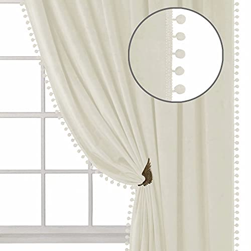 ZHAOFENG Ivory Pom Pom Velvet Curtains with Rod Pocket and Back Tab, Blackout Soft Luxury Thick Sunlight Dimming Heat Insulated Privacy Protect for Living Room, 2 Panels (Ivory, W52 x L95 Inch)