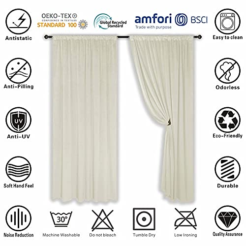 ZHAOFENG Ivory Pom Pom Velvet Curtains with Rod Pocket and Back Tab, Blackout Soft Luxury Thick Sunlight Dimming Heat Insulated Privacy Protect for Living Room, 2 Panels (Ivory, W52 x L95 Inch)