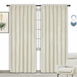 ZHAOFENG Ivory Pom Pom Velvet Curtains with Rod Pocket and Back Tab, Blackout Soft Luxury Thick Sunlight Dimming Heat Insulated Privacy Protect for Living Room, 2 Panels (Ivory, W52 x L95 Inch)