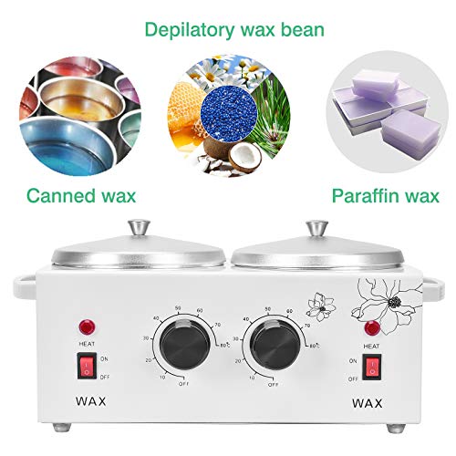 Double Wax Warmer, Professional Electric Wax Heater Hair Removal Dual Parrafin Adjustable Temperature Machine Facial Skin Equipment SPA Hair Removal Tool (White)