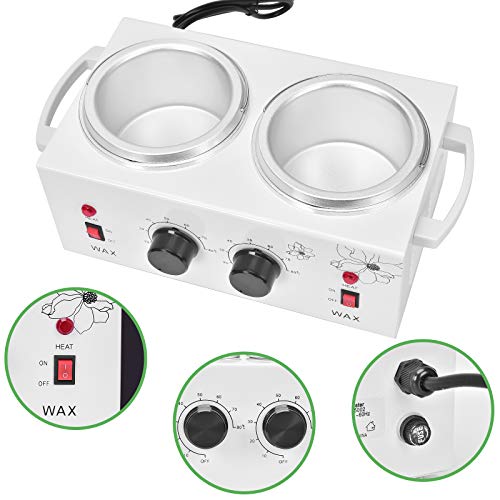 Double Wax Warmer, Professional Electric Wax Heater Hair Removal Dual Parrafin Adjustable Temperature Machine Facial Skin Equipment SPA Hair Removal Tool (White)