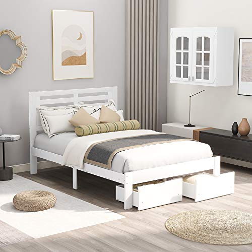 SOFTSEA Full Platform Bed Frame with Drawers, Full Size Bed with Headboard/Slat Support/Mattress Foundation for Kids Teen, No Box Spring Needed (Full, White)