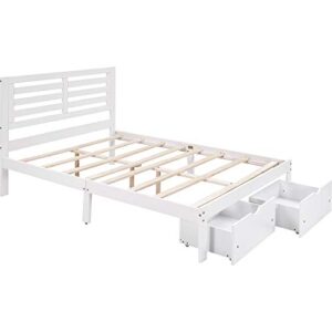 SOFTSEA Full Platform Bed Frame with Drawers, Full Size Bed with Headboard/Slat Support/Mattress Foundation for Kids Teen, No Box Spring Needed (Full, White)