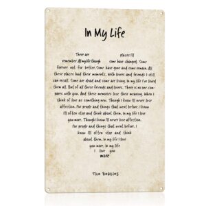 nc the beatles in my life song lyrics wall art metal sign-8 x 12. poster. vintage home-office-studio-school-cave music décor. gift for musicians, beatles fans & inspiration.