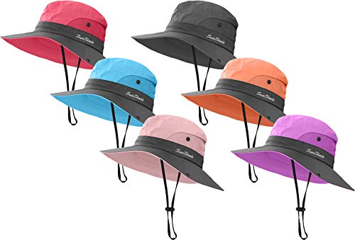 6 Pieces Womens Ponytail Wide Brim Sun Hat Packable UV Protection Beach Cap for Fishing & Hiking (Purple＆Sky Blue＆Watermelon Red＆Pink＆Orange＆Grey)