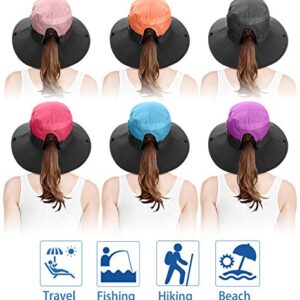 6 Pieces Womens Ponytail Wide Brim Sun Hat Packable UV Protection Beach Cap for Fishing & Hiking (Purple＆Sky Blue＆Watermelon Red＆Pink＆Orange＆Grey)