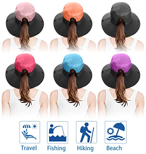 6 Pieces Womens Ponytail Wide Brim Sun Hat Packable UV Protection Beach Cap for Fishing & Hiking (Purple＆Sky Blue＆Watermelon Red＆Pink＆Orange＆Grey)