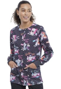 cherokee prints women warm up scrubs jacket snap front ck301, xs, selfie care