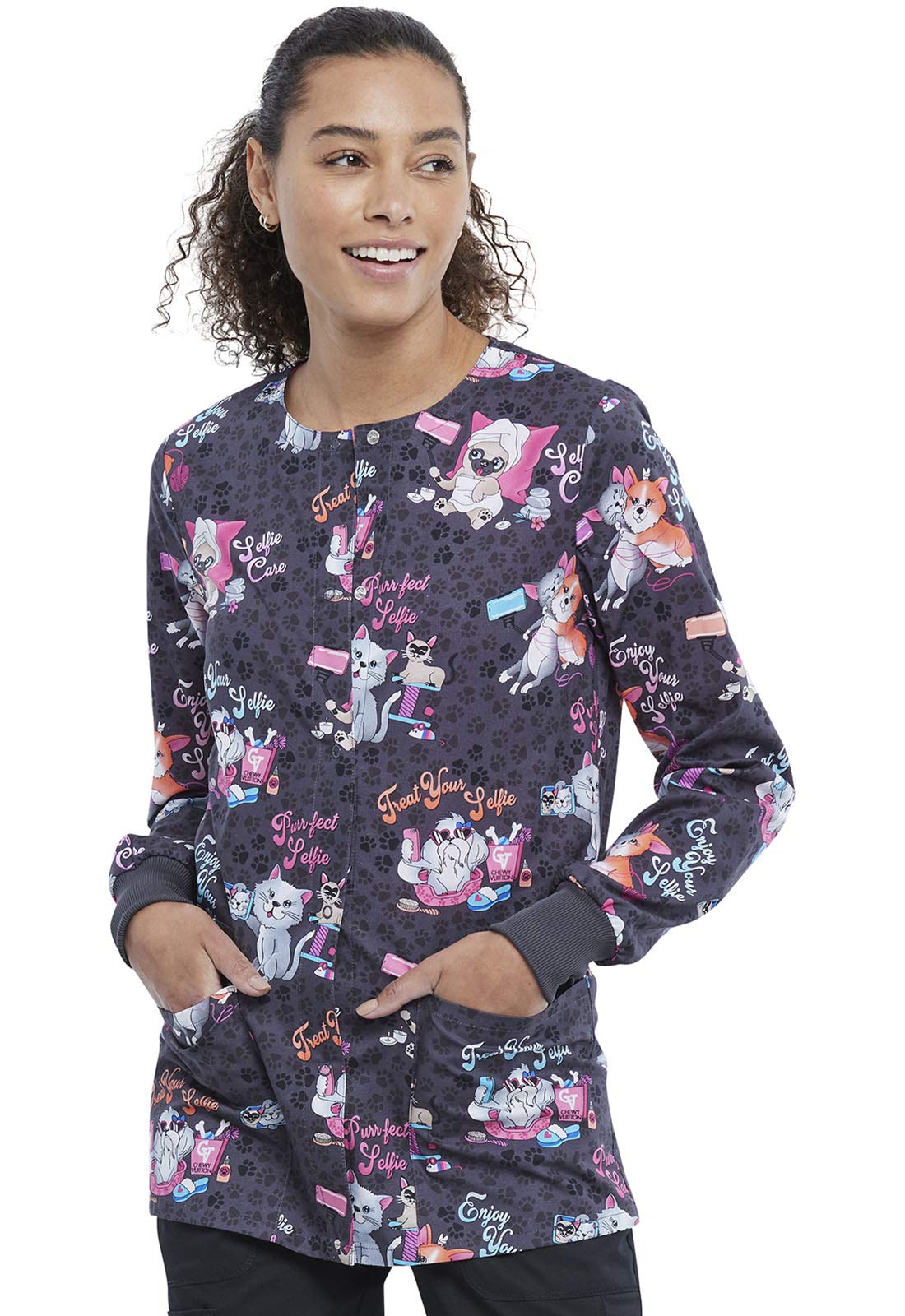 Cherokee Prints Women Warm Up Scrubs Jacket Snap Front CK301, XS, Selfie Care