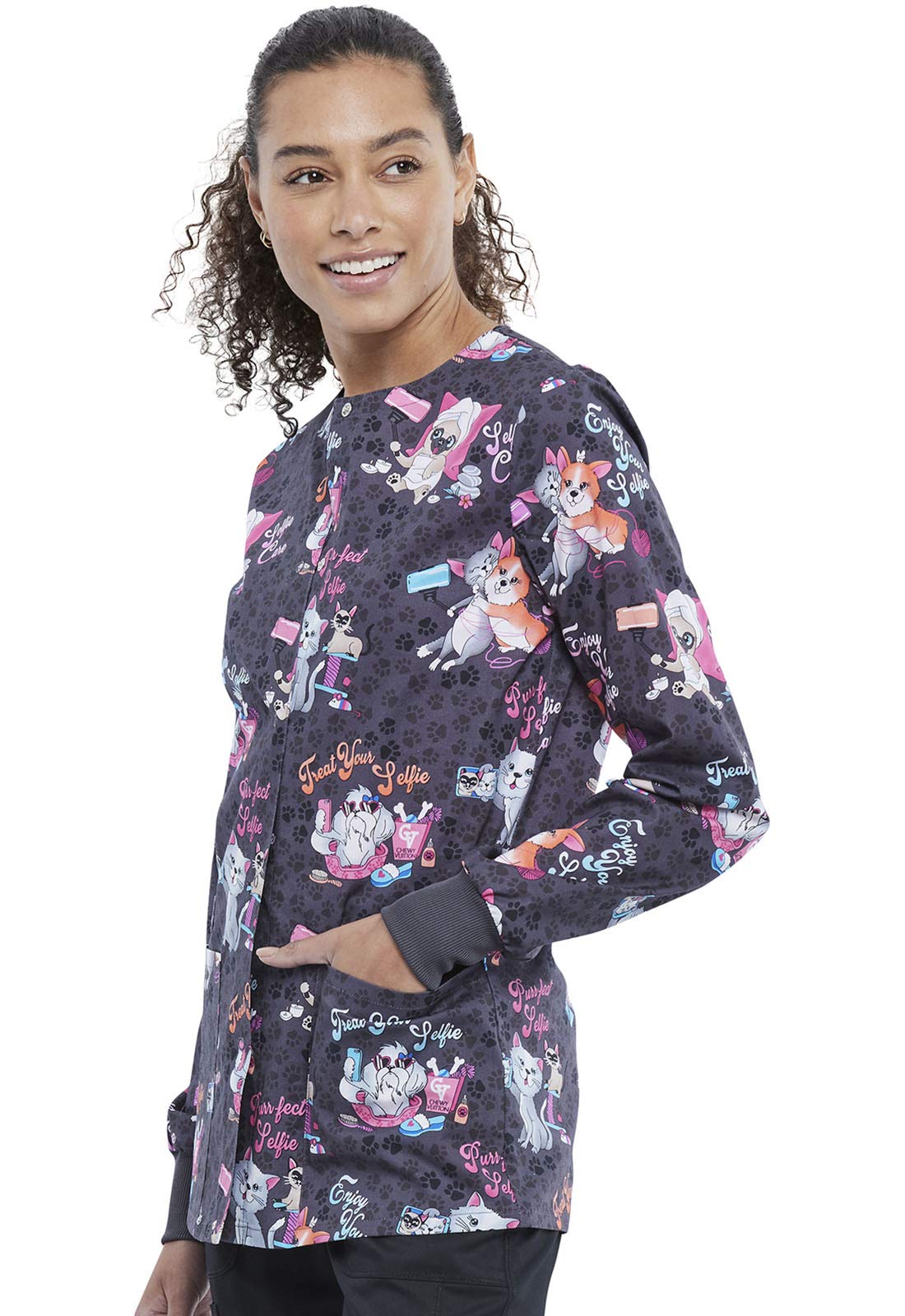 Cherokee Prints Women Warm Up Scrubs Jacket Snap Front CK301, XS, Selfie Care