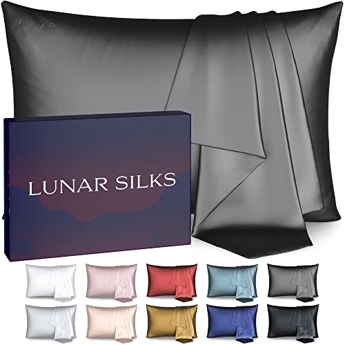 Lunar Silks, Highest Grade 6A 100% Pure Mulberry Real Silk Pillowcase 22 Momme (Both Sides) for Hair and Skin - Acne Free - 1PC in Gift Box (Slate Grey, Queen)