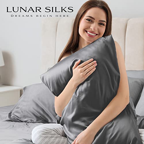 Lunar Silks, Highest Grade 6A 100% Pure Mulberry Real Silk Pillowcase 22 Momme (Both Sides) for Hair and Skin - Acne Free - 1PC in Gift Box (Slate Grey, Queen)