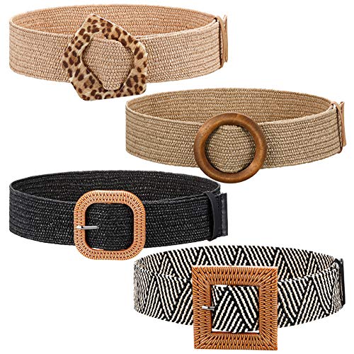 Geyoga 4 Pieces Straw Belts for Women Dresses Straw Woven Elastic Stretch Wide Waist Belt Bohemian with Buckle (38 Inch Long)