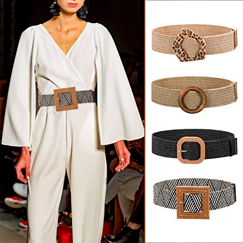 Geyoga 4 Pieces Straw Belts for Women Dresses Straw Woven Elastic Stretch Wide Waist Belt Bohemian with Buckle (38 Inch Long)