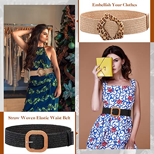 Geyoga 4 Pieces Straw Belts for Women Dresses Straw Woven Elastic Stretch Wide Waist Belt Bohemian with Buckle (38 Inch Long)