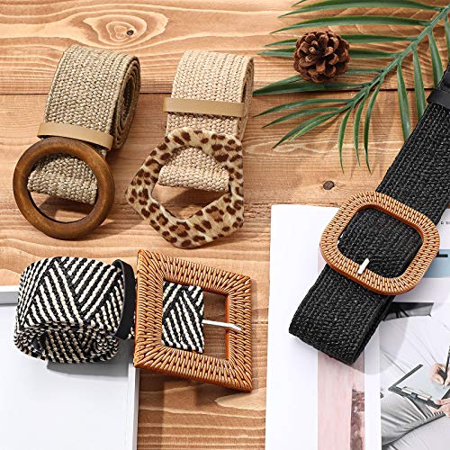 Geyoga 4 Pieces Straw Belts for Women Dresses Straw Woven Elastic Stretch Wide Waist Belt Bohemian with Buckle (38 Inch Long)