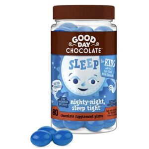 good day chocolate natural melatonin for kids, sleep supplement, 1mg melatonin, fair trade and non-gmo milk chocolate, chamomile, 80 pieces