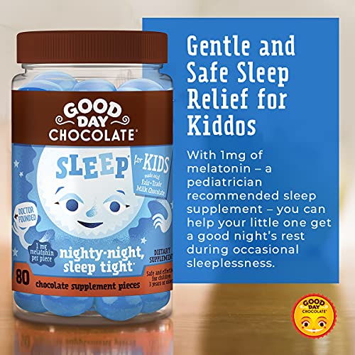 Good Day Chocolate Natural Melatonin for Kids, Sleep Supplement, 1mg Melatonin, Fair Trade and Non-GMO Milk Chocolate, Chamomile, 80 Pieces