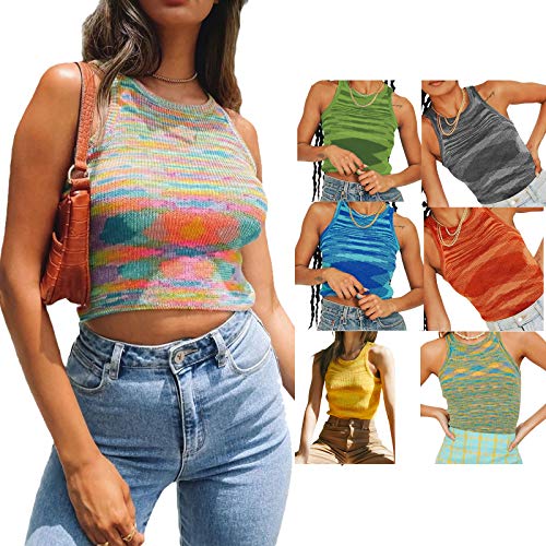 Women Basic Ribbed Knit Tie Dye Tank Top Crew Neck Sleeveless Crop Top Y2K Summer Camisole Vest Top (A Colorful, XL)